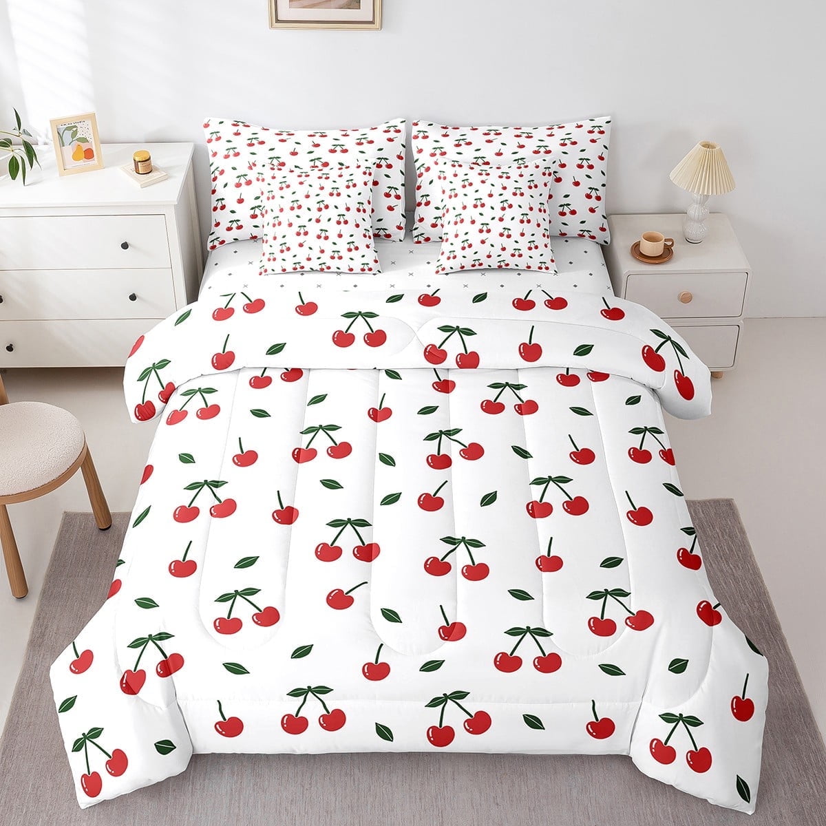 Feelyou Cherry Bedding Comforter Set 7 Pieces For Teens, White Red Full ...