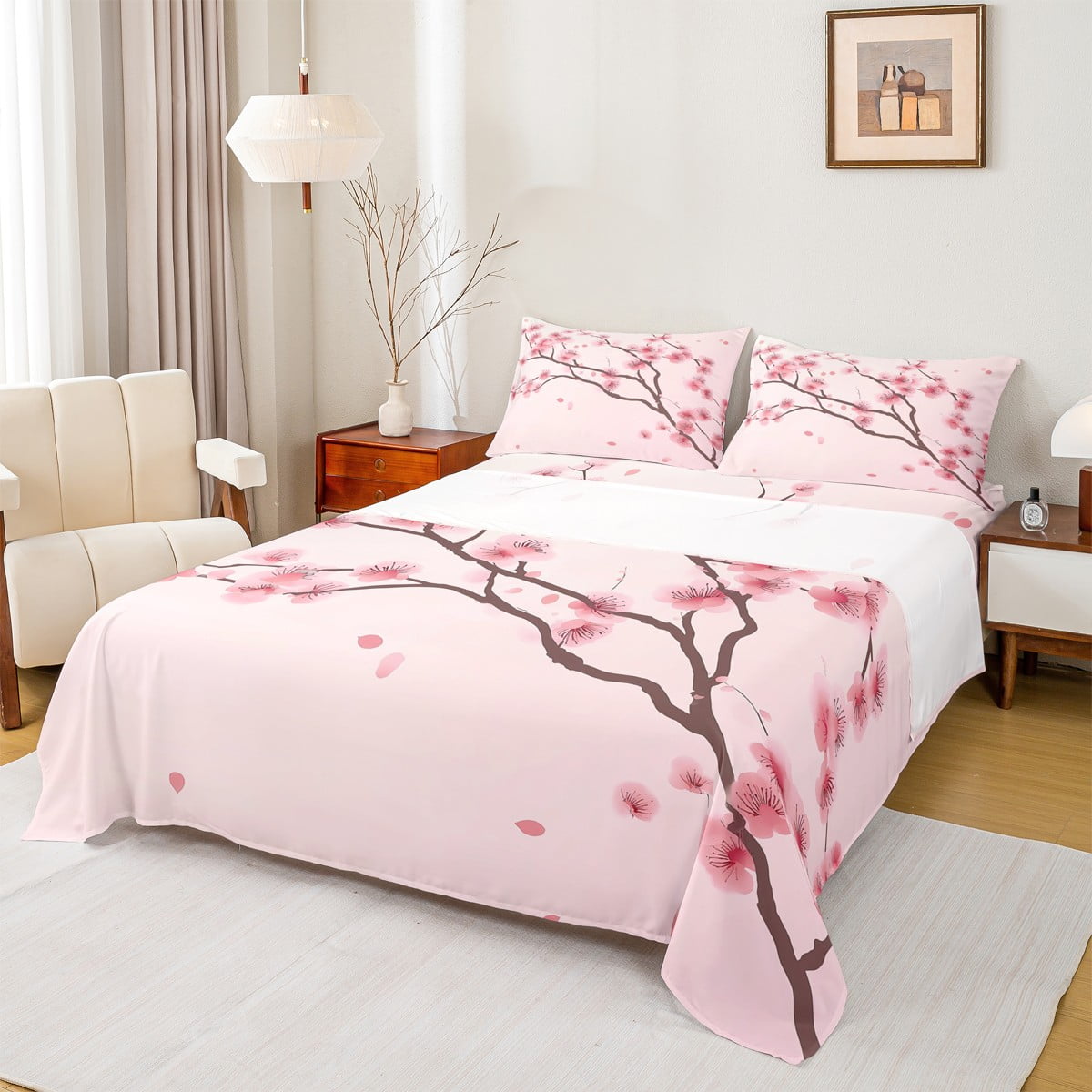 Manfei Cherry Blossom Bed Sheets,Japanese Style King Sheets,Pink Sakura ...