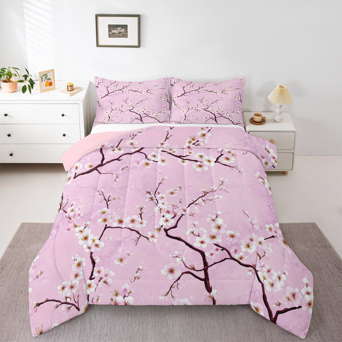 Manfei Cherry Blossom Bedding Comforter Set,Rustic Flower Floral Twin ...