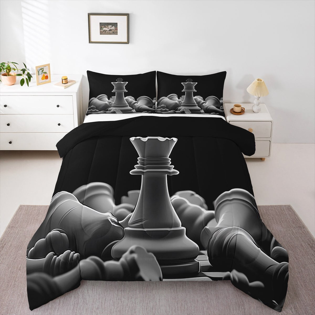 Manfei Chess Comforter Sets Full Size for Adult, Geometric Comforters & Duvets, Black Grey ...