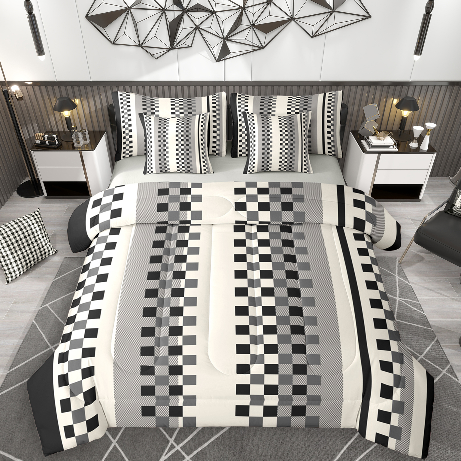 Manfei Chic Abstract Teens 7pcs Bedding Comforter Set, Black Square ...