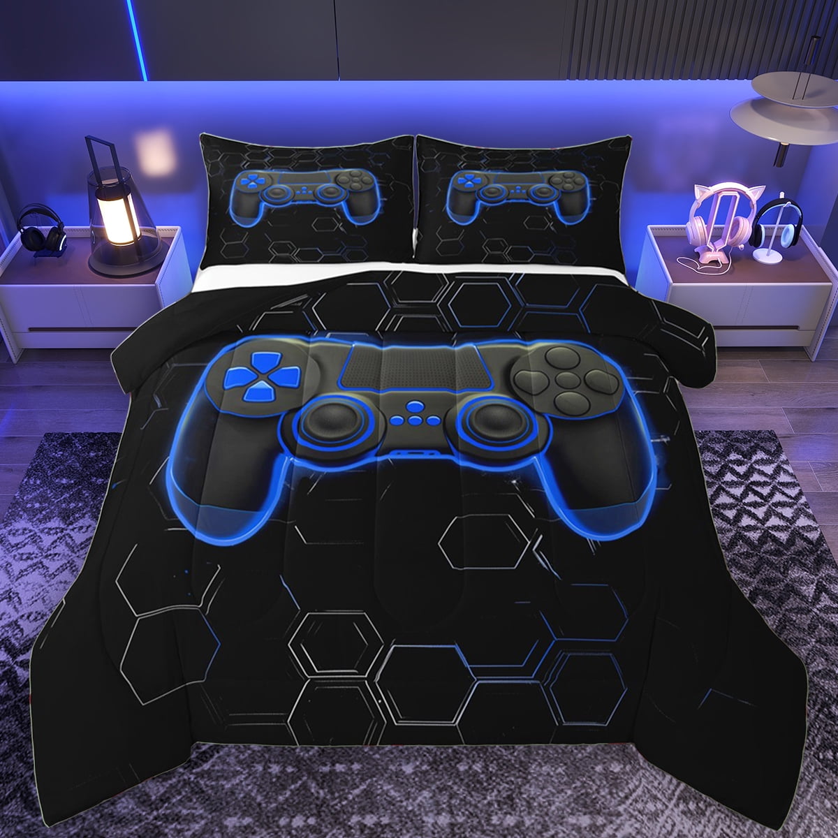 Manfei Chic Blue Honeycomb Full Size Comforter Sets, Video Game ...