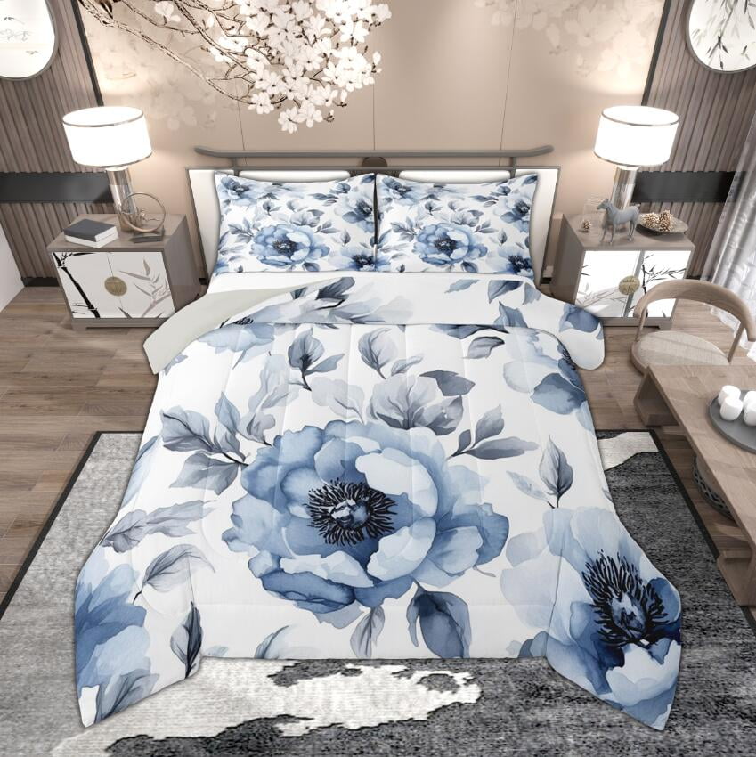 Manfei Chic Blue Peony Queen Comforter Set, Garden Flower Floral ...