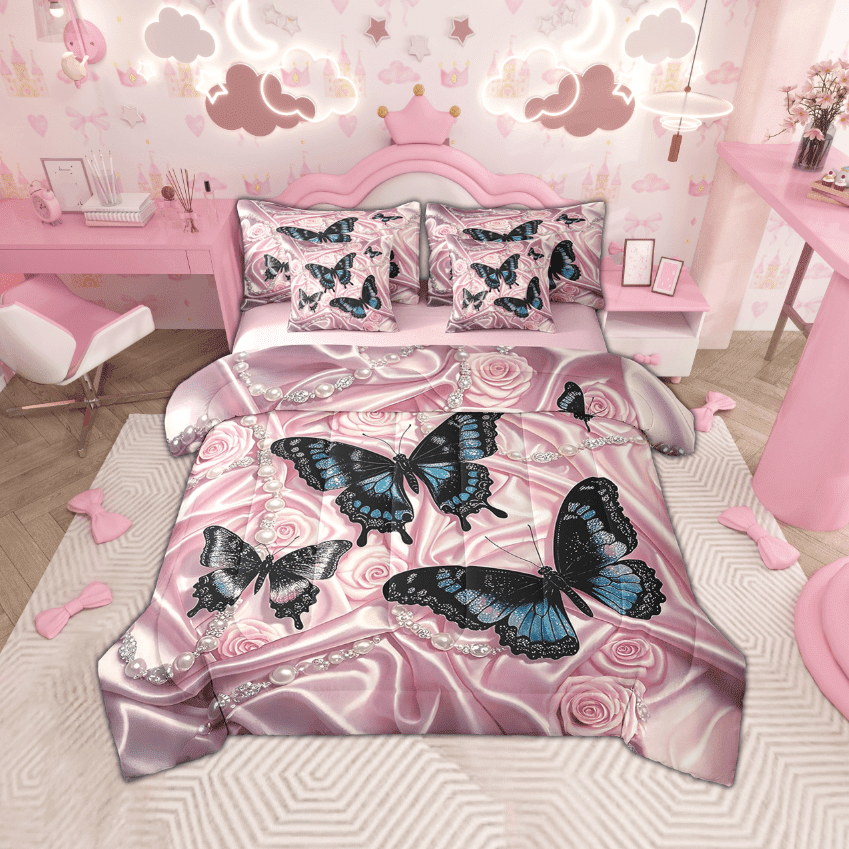 Manfei Chic Butterfly 7 Pieces Bed in a Bag Queen Size for Women Girls ...