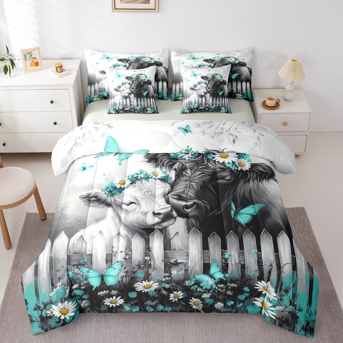 Manfei Chic Daisy Flower Twin Bedding Sets 7-Piece,Farm Highland Cattle ...