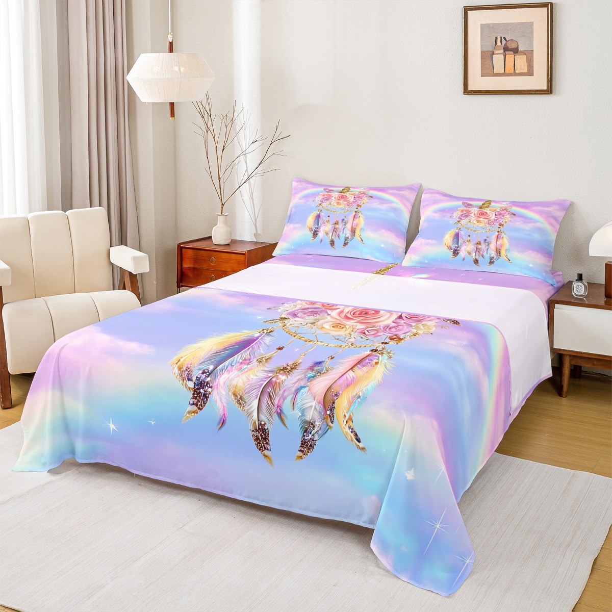 Manfei Chic Dreamcatcher Queen Sheet Sets,Colorful Flower Floral Flat ...