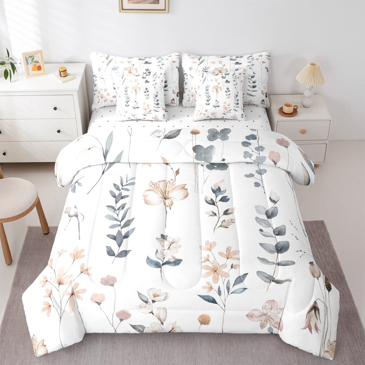 Manfei Chic Flower 7pcs Bedding Comforter Set,Botanical Plants Queen ...