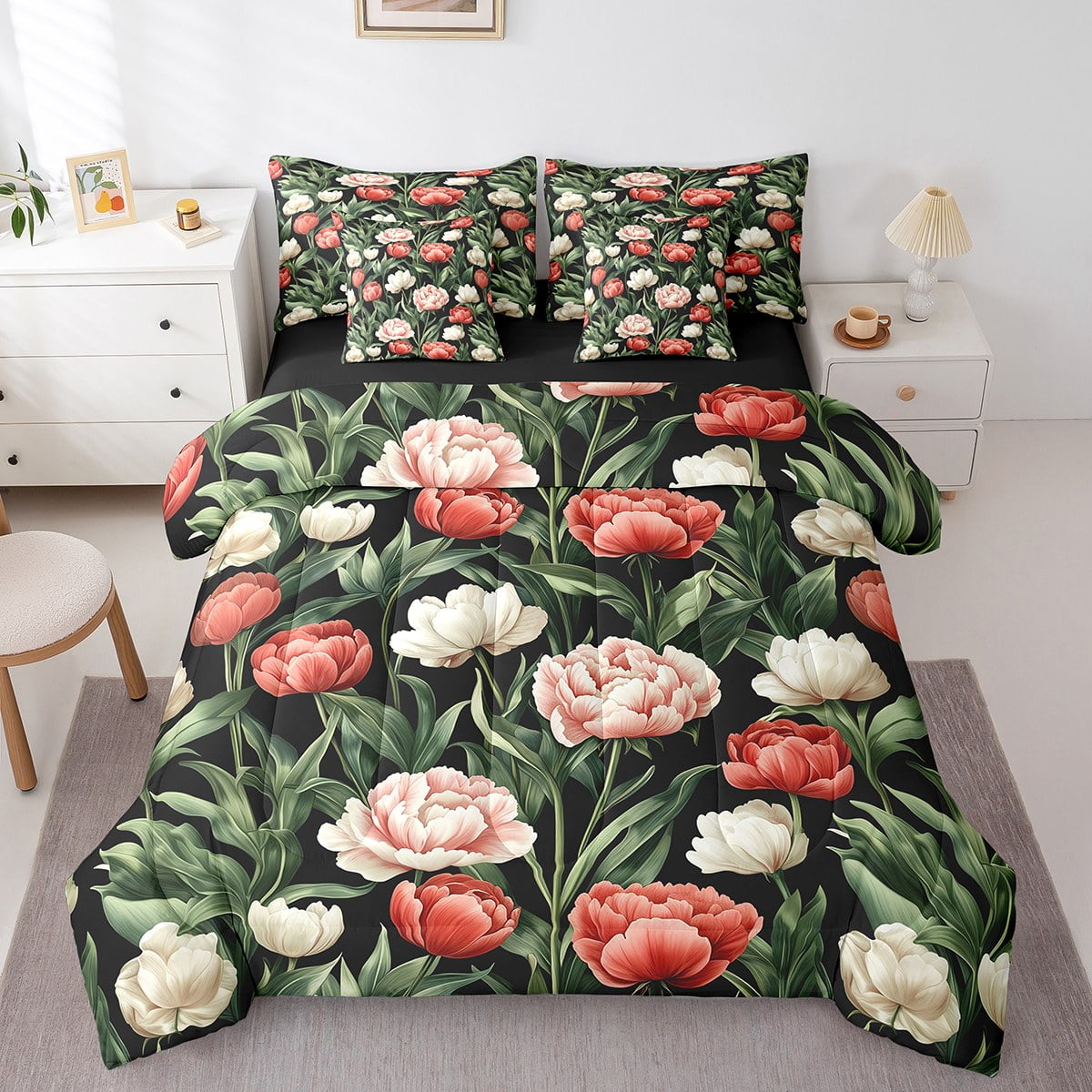 Manfei Chic Flower 7pcs Bedding Comforter Set,Green Red Queen Bedding ...