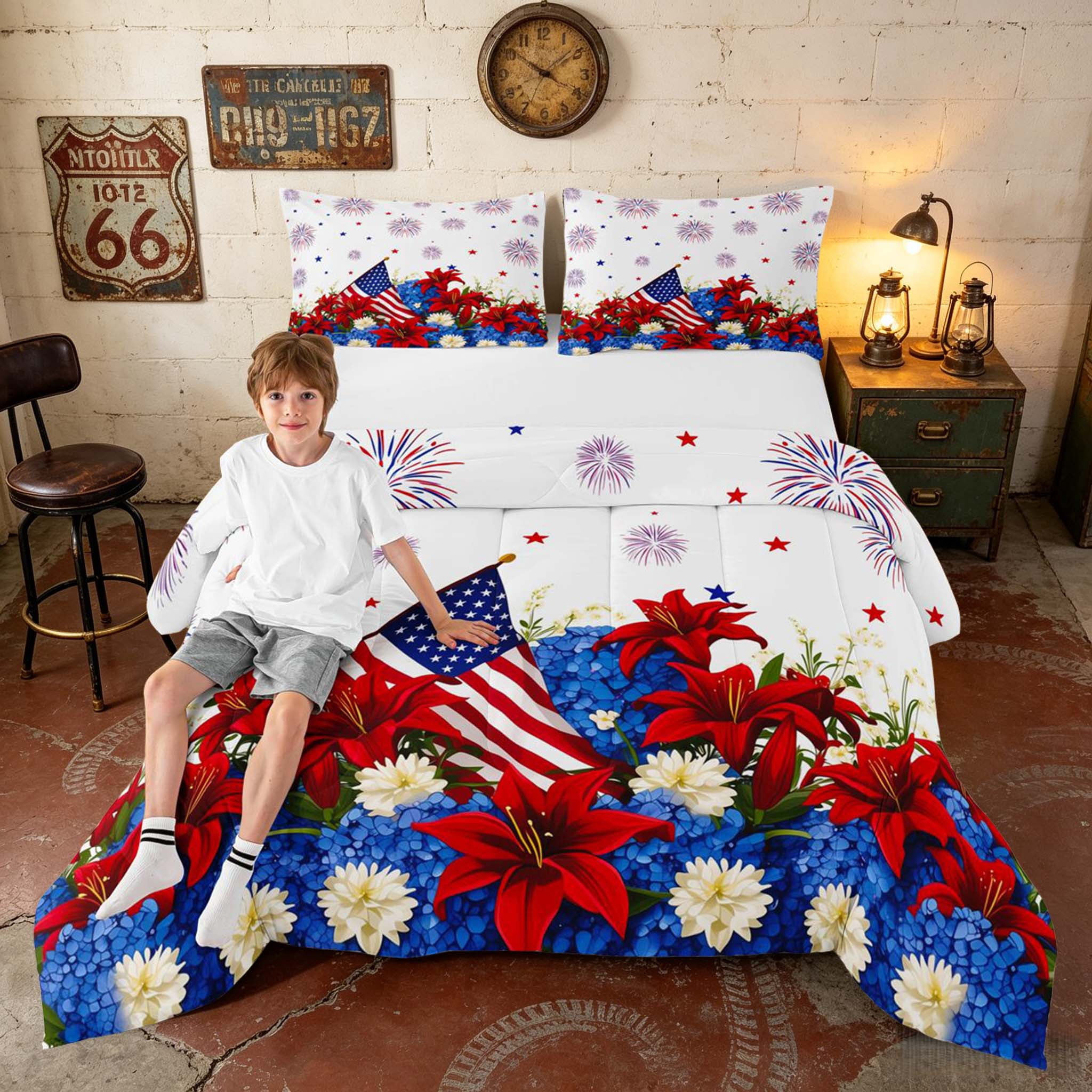 Manfei Chic Flower Floral Queen Comforter Set, US Flag Fireworks ...