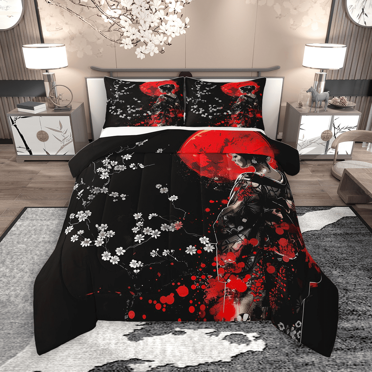Manfei Chic Geisha Queen Comforter Set 3 Pieces, Anime Girl Bedding ...