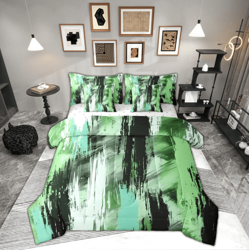 Manfei Chic Green Geometry Bedding Comforter Set 7pcs, Modern Abstract ...