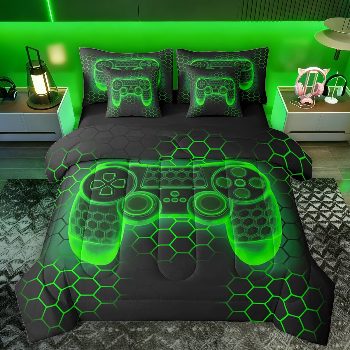 Manfei Chic Green Honeycomb Twin Bedding Sets 7-Piece, Video Game ...