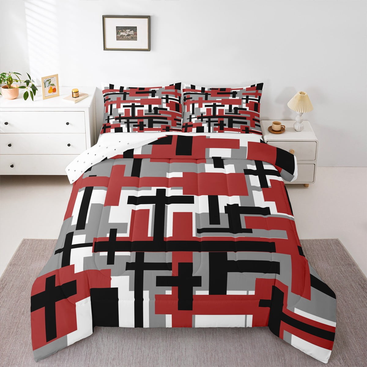 Manfei Chic Rectangle Full Size Comforter Sets for Men, Black Grey Red ...