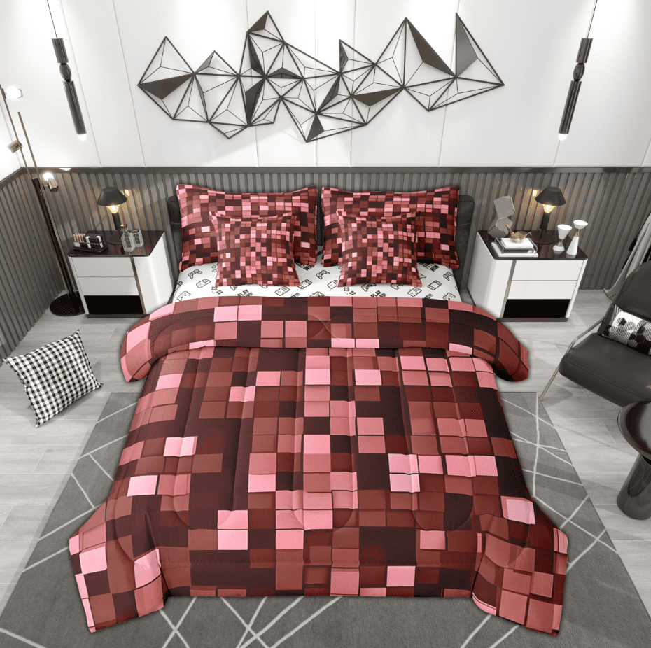 Manfei Chic Red Geometry Bedding Comforter Set 7-Piece, Modern Square ...