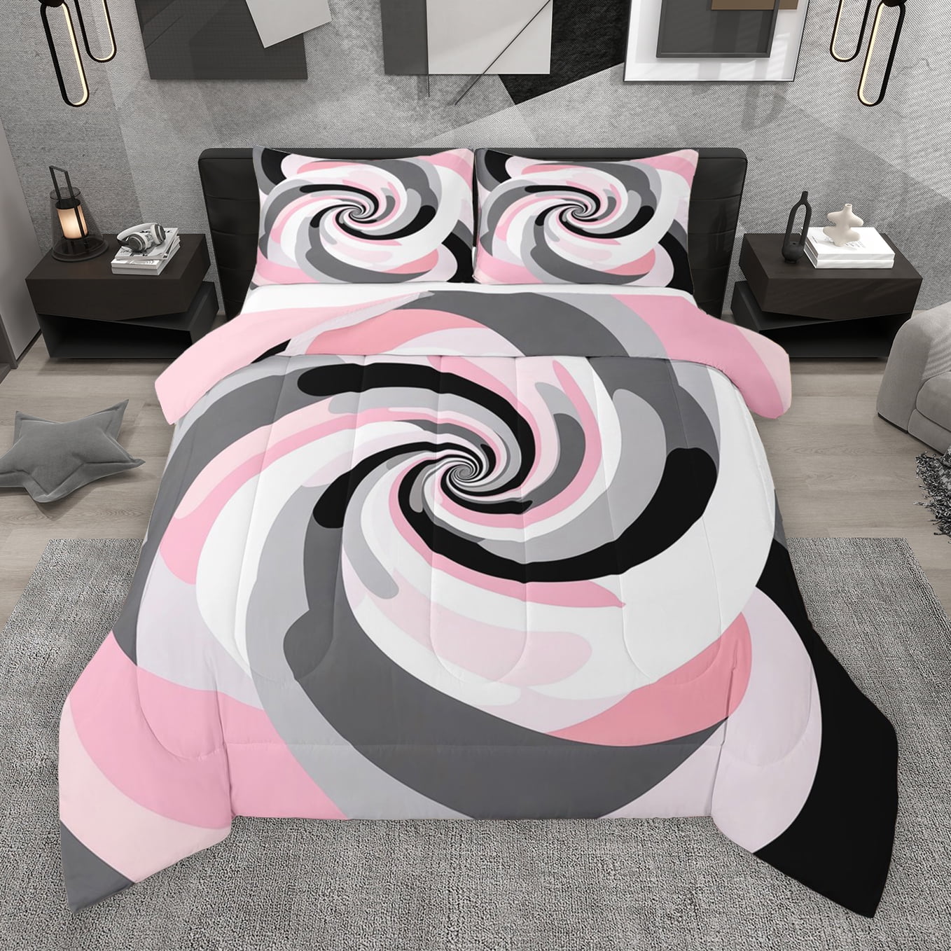 Manfei Chic Stripes Ombre Full Size Comforter Sets, Pink Abstract Swirl ...