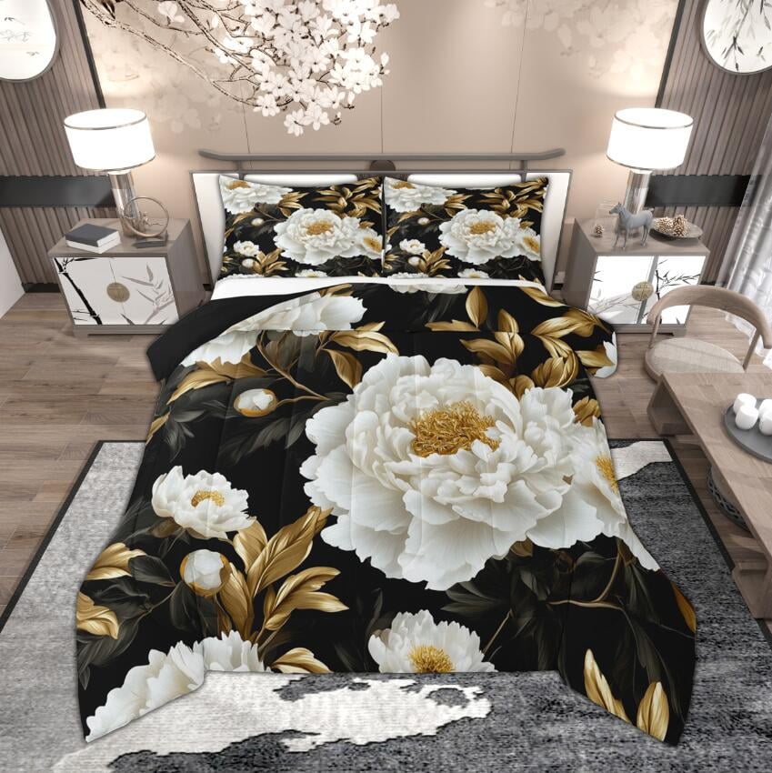 Manfei Chic White Peony Queen Comforter Set, Garden Flower Floral ...
