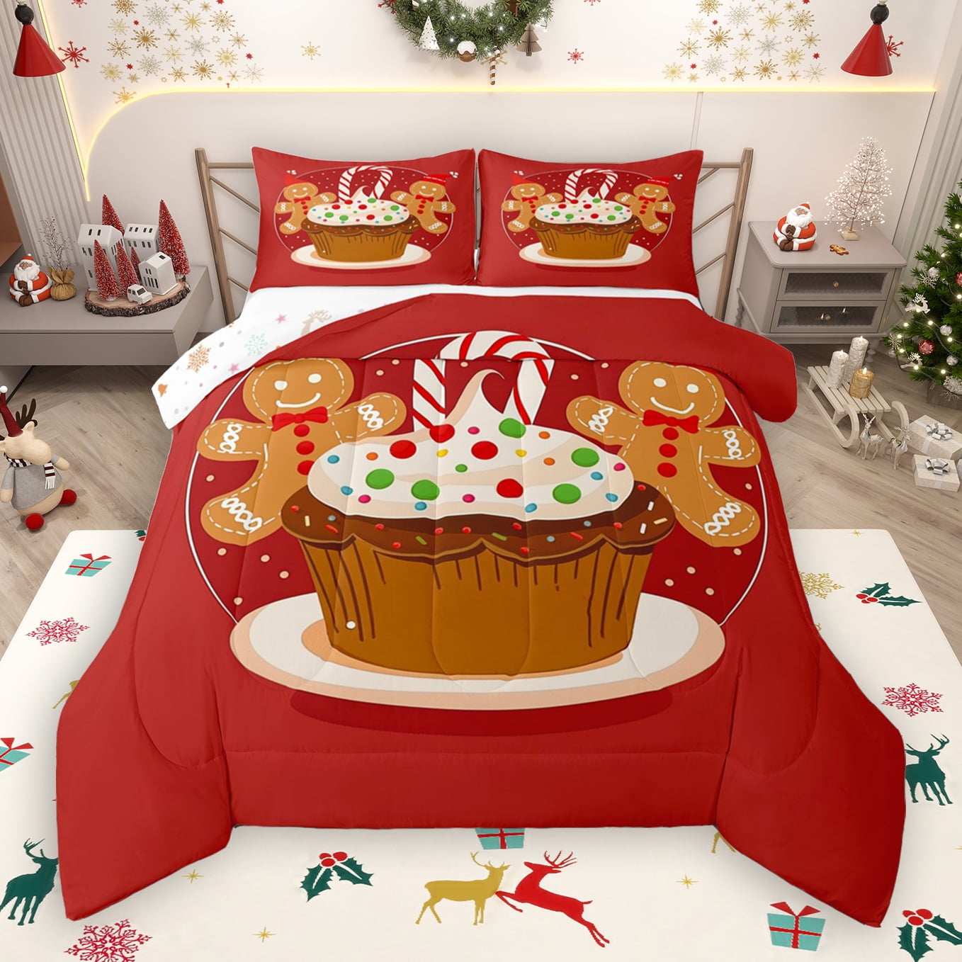 Manfei Chic Xmas Tree Queen Comforter Set,Xmas Gingerbread Man Bedding ...