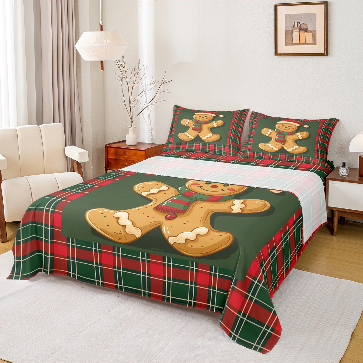 Manfei Child Gingerbread Man Bed Sheets, Green Red Buffalo Plaid King ...