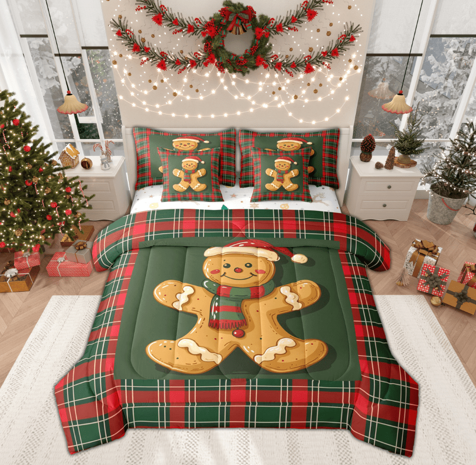 Manfei Child Gingerbread Man Bedding Comforter Set 7-Piece, Green Red ...