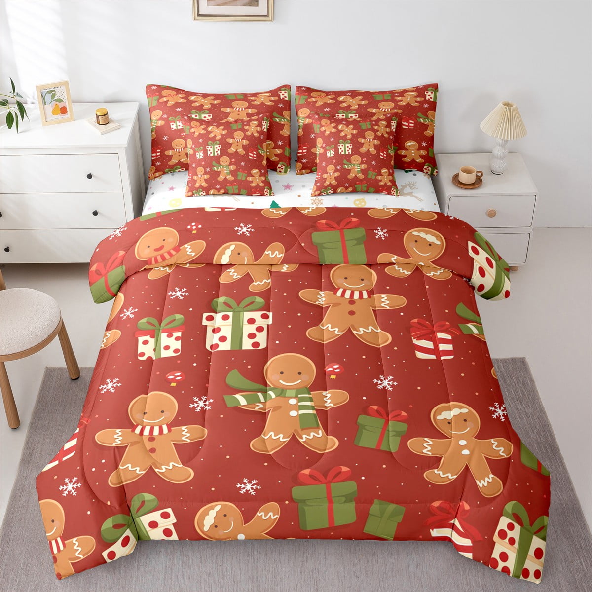 Manfei Child Gingerbread Man Bedding Comforter Set 7-Piece, Red Green ...