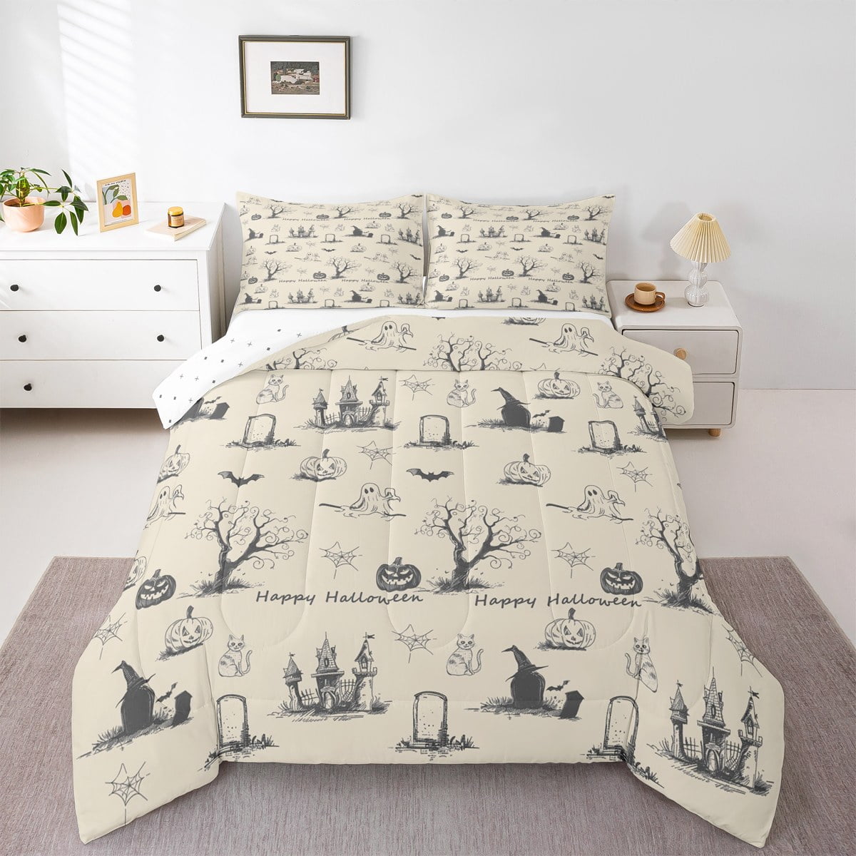 Manfei Child Happy Halloween Queen Comforter Set, Pumpkin Cat Castle ...