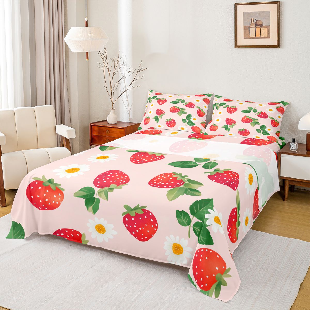 Manfei Children Teens Red Strawberry 4 Pieces Queen Sheet Sets,Kawaii ...