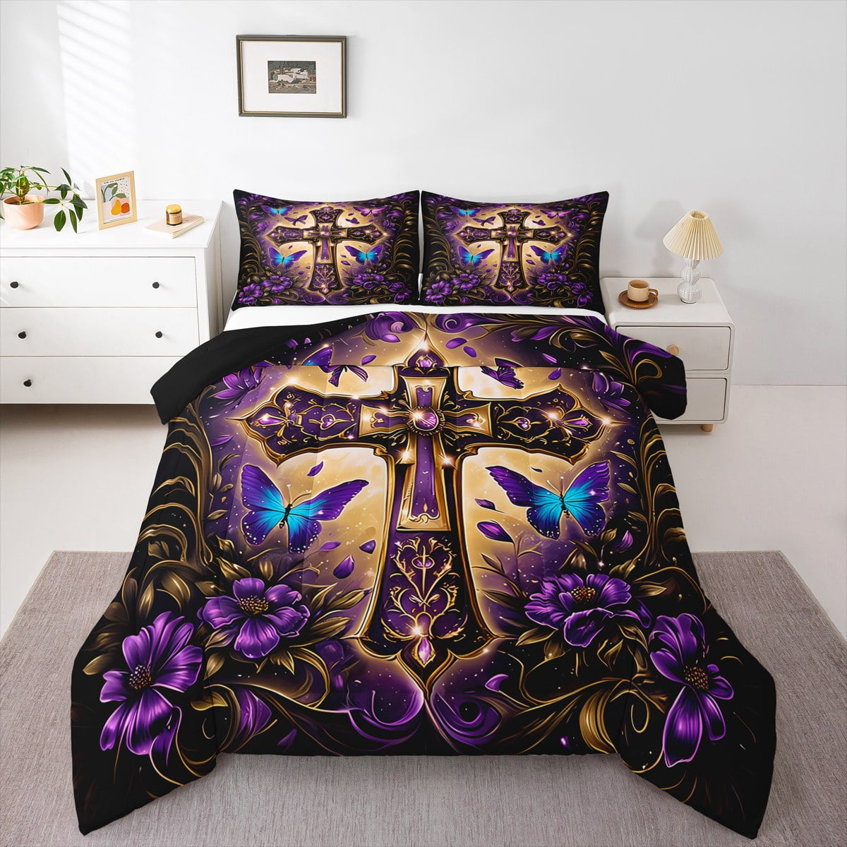 Manfei Christian Cross 3-Piece Full Size Comforter Sets,Chic Flower ...