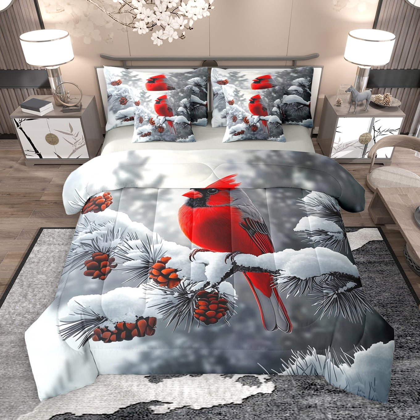 Manfei Christmas Cardinal Bird 7-Piece Bedding Comforter Set,Brown Pine ...