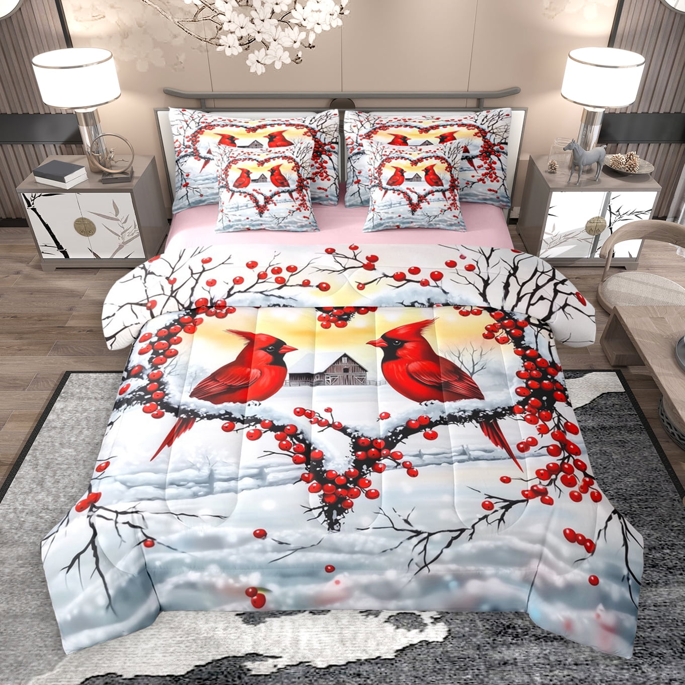 Manfei Christmas Cardinal Bird 7-Piece Bedding Comforter Set,Xmas Berry ...