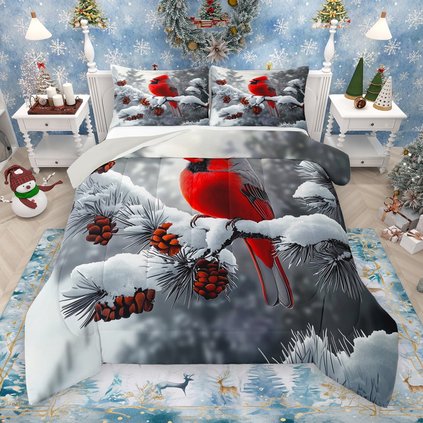 Manfei Christmas Cardinal Bird Queen Comforter Set,Brown Pine Cone ...