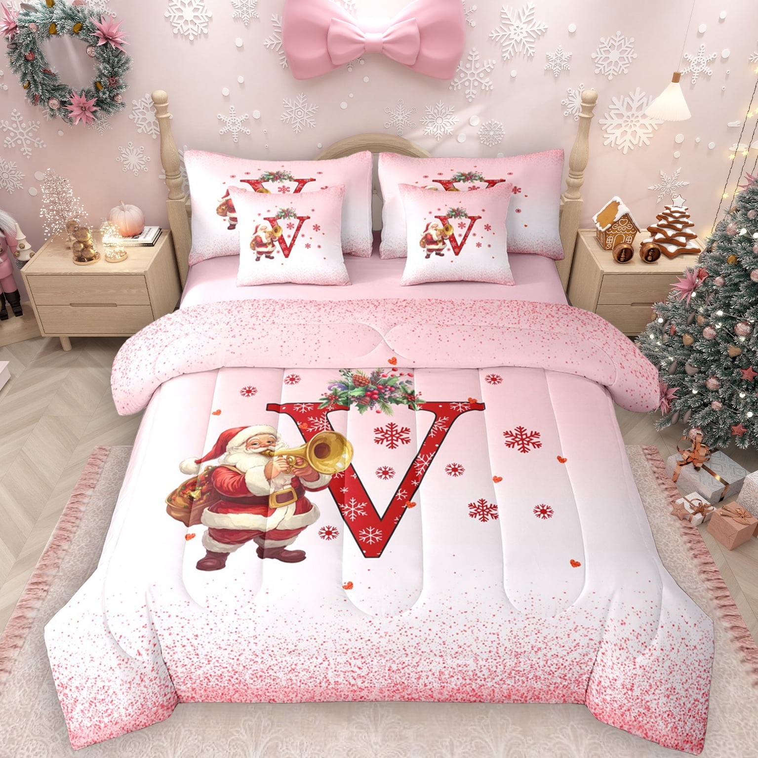 Manfei Christmas Monogrammed V 7pcs Bedding Comforter Set for Kids, Red ...