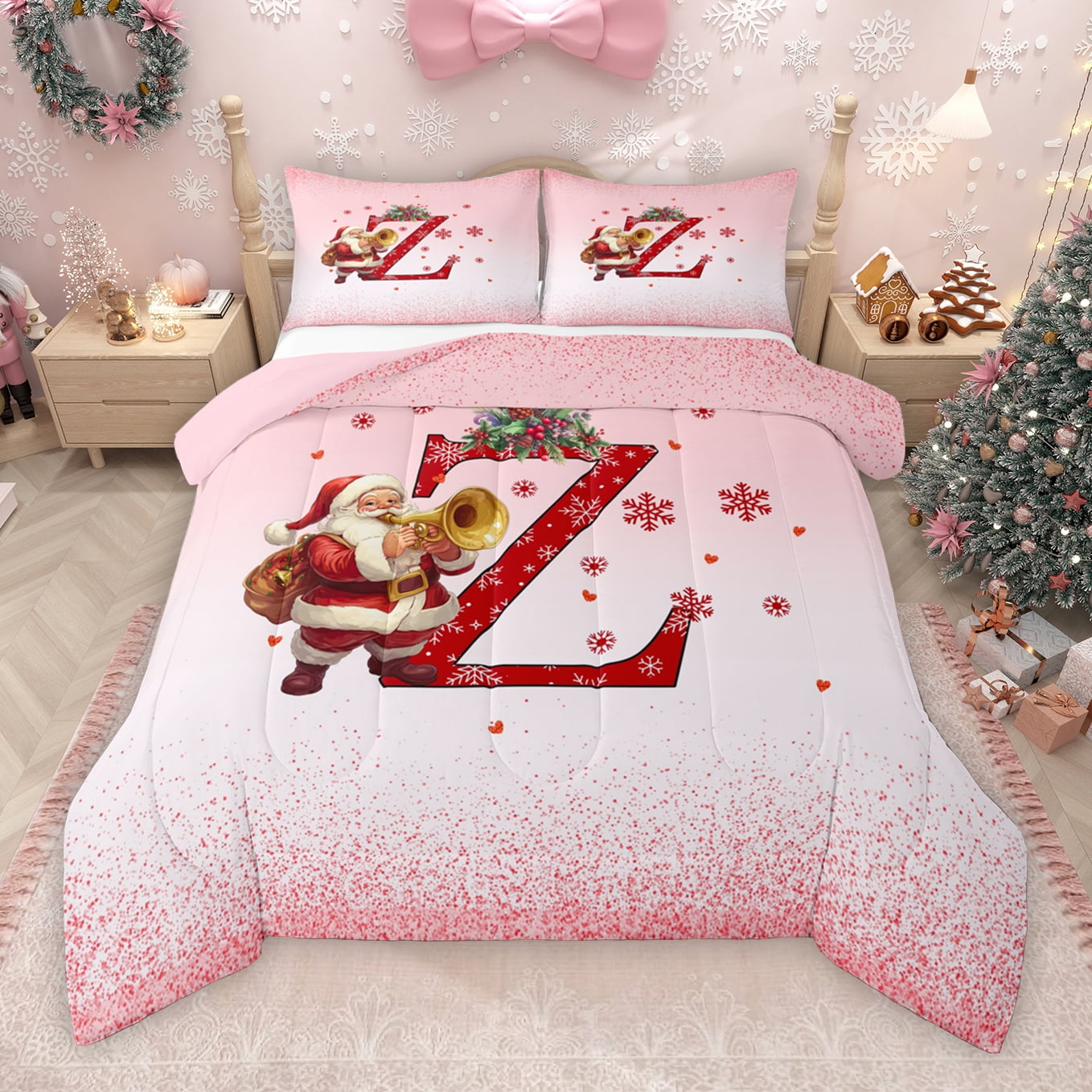 Manfei Christmas Monogrammed Z Bedding Comforter Set for Kids, Red ...
