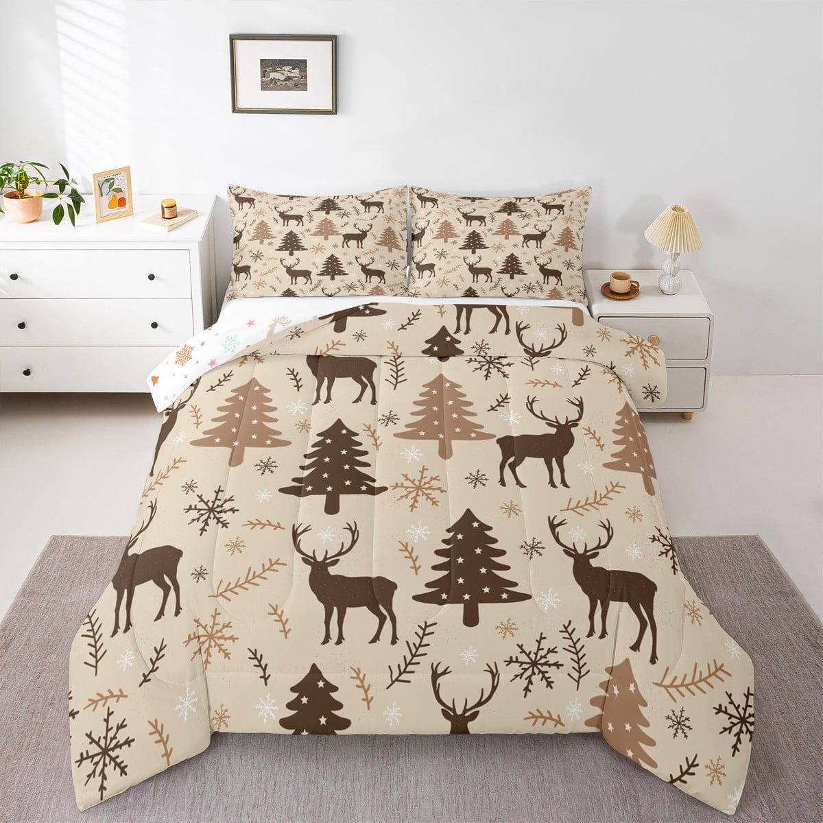 Manfei Christmas Reindeer Print Queen Comforter Set, Stars Xmas Tree ...