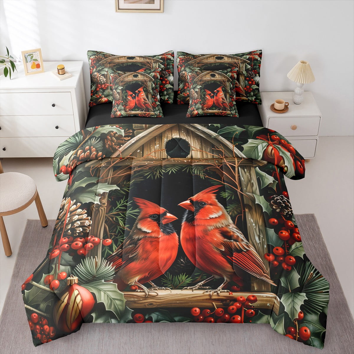 Manfei Christmas Robin Bedding Comforter Set 7 Pieces, Winter Plant ...