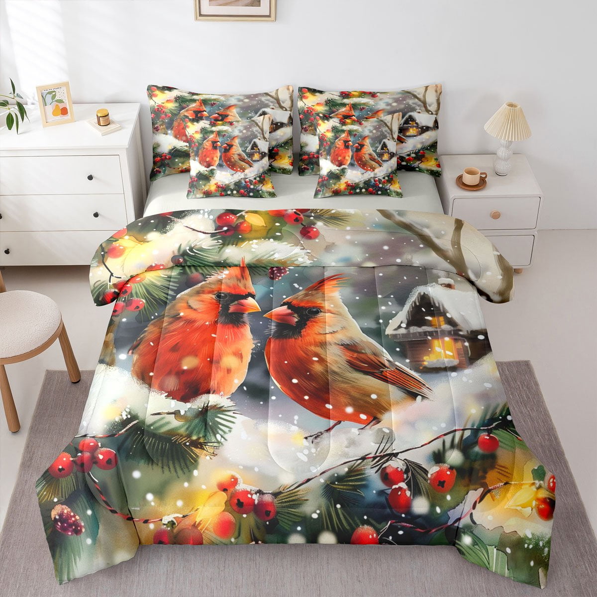 Manfei Christmas Robin Bedding Comforter Set 7pcs, Winter Plant Fruit ...