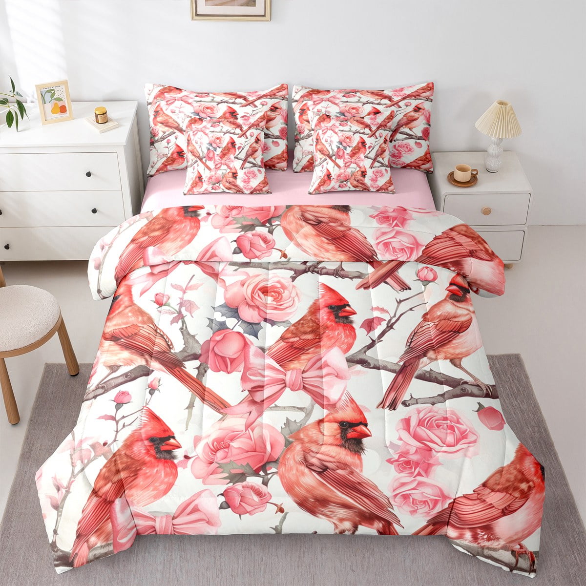 Manfei Christmas Robin Birds Bedding Comforter Set 7 Pieces, Pink Rose ...