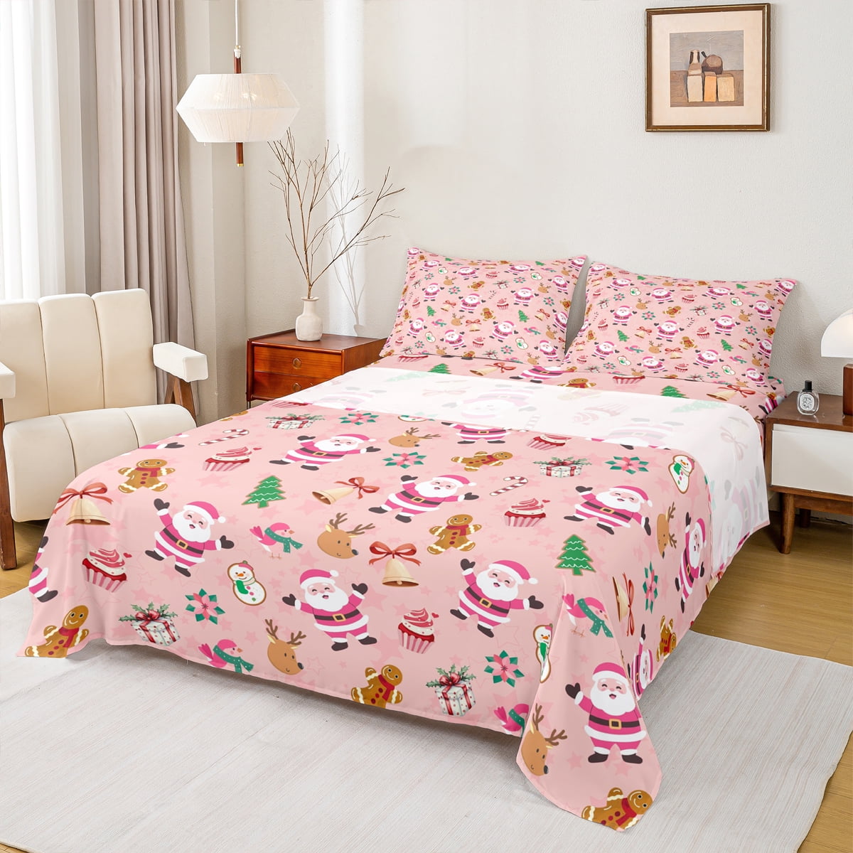 Manfei Christmas Santa Claus Queen Sheet Sets,Kawaii Xmas Reindeer Flat ...