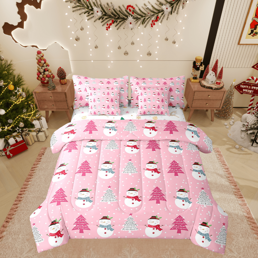 Manfei Christmas Snowman Bedding Sets Twin Size, Pink Xmas Tree Bed in ...