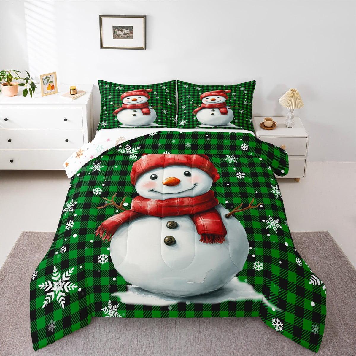 Manfei Christmas Snowman Child Queen Comforter Set, Black Green Buffalo ...