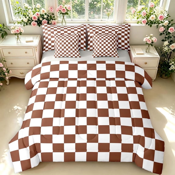 Manfei Classic Brown White Checkered 7-Piece King Bedding,Rustic Plaid ...