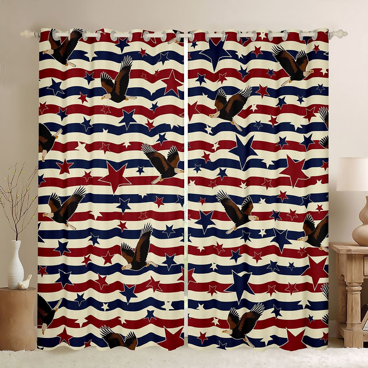 Manfei Classic Eagle Kitchen Curtains, Striped Star Black Out Curtains ...