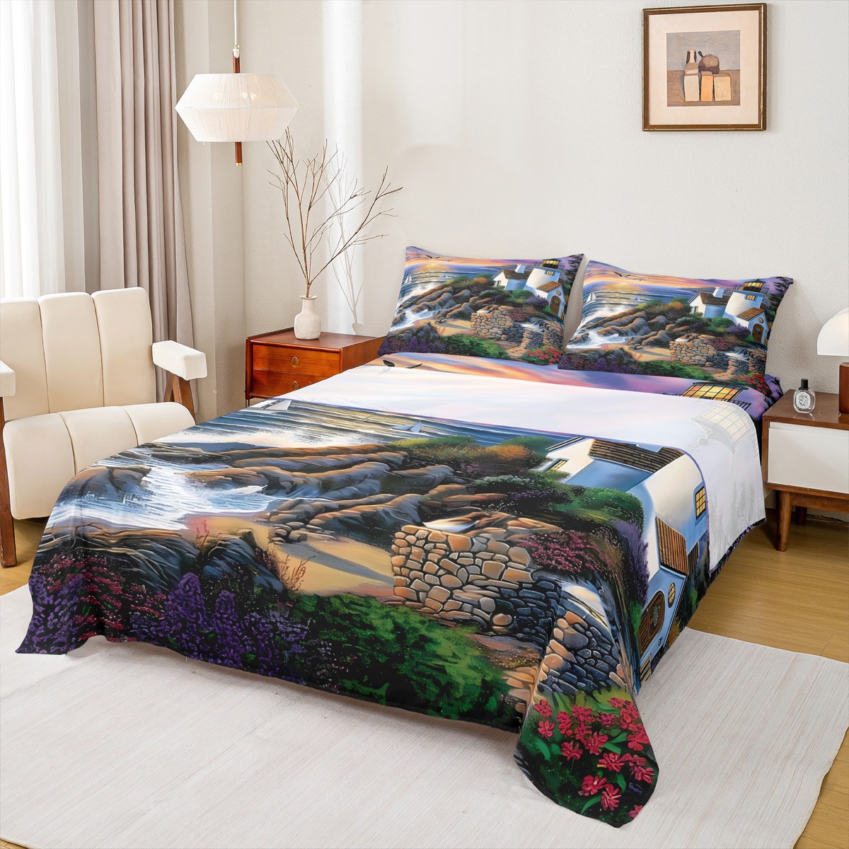 Manfei Coastal Lodge Cabin Full Size Sheets 4-Piece for Kids, Ocean ...