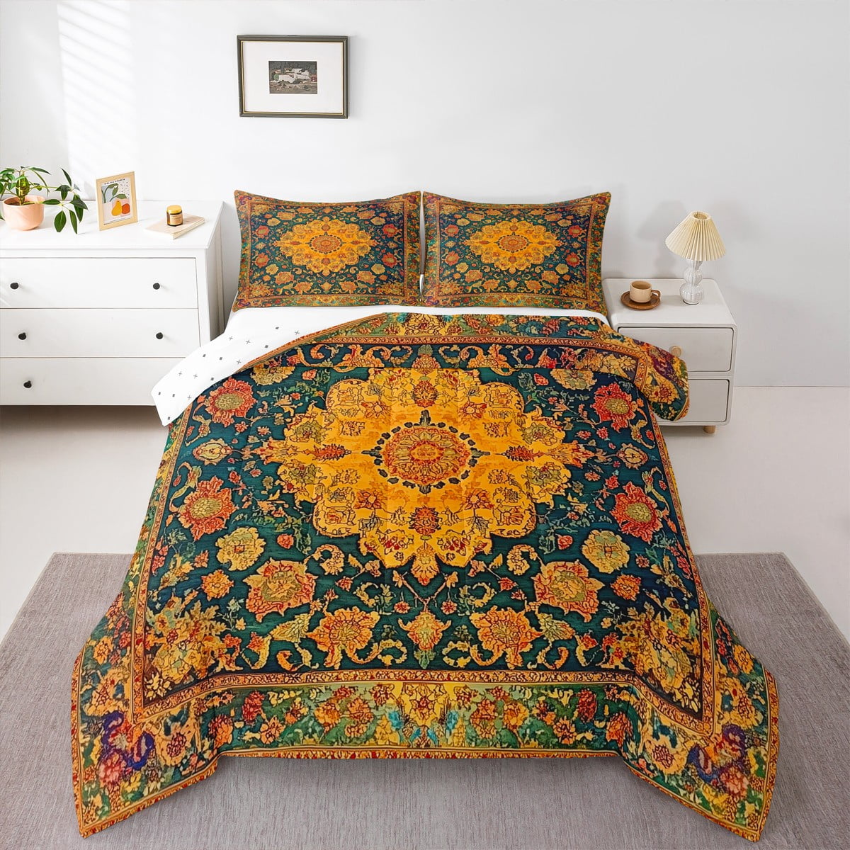 Manfei Colorful Boho Flower Bedding Comforter Set,Modern Geometric ...