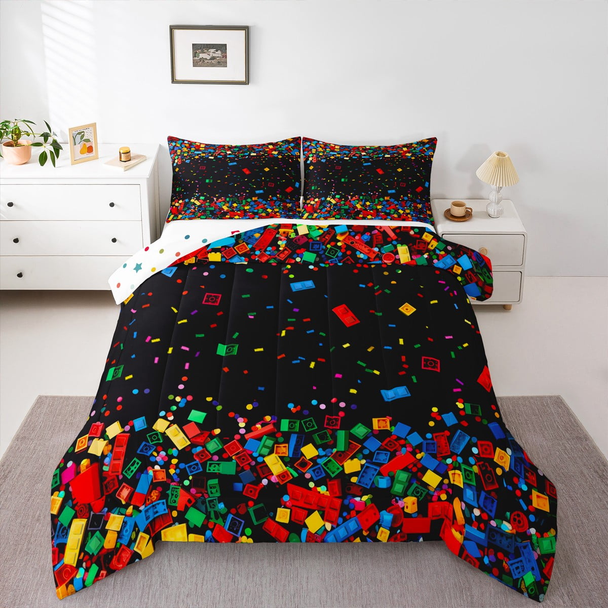 Manfei Colorful Brick 3-Piece Full Size Comforter Sets,Building Blocks ...