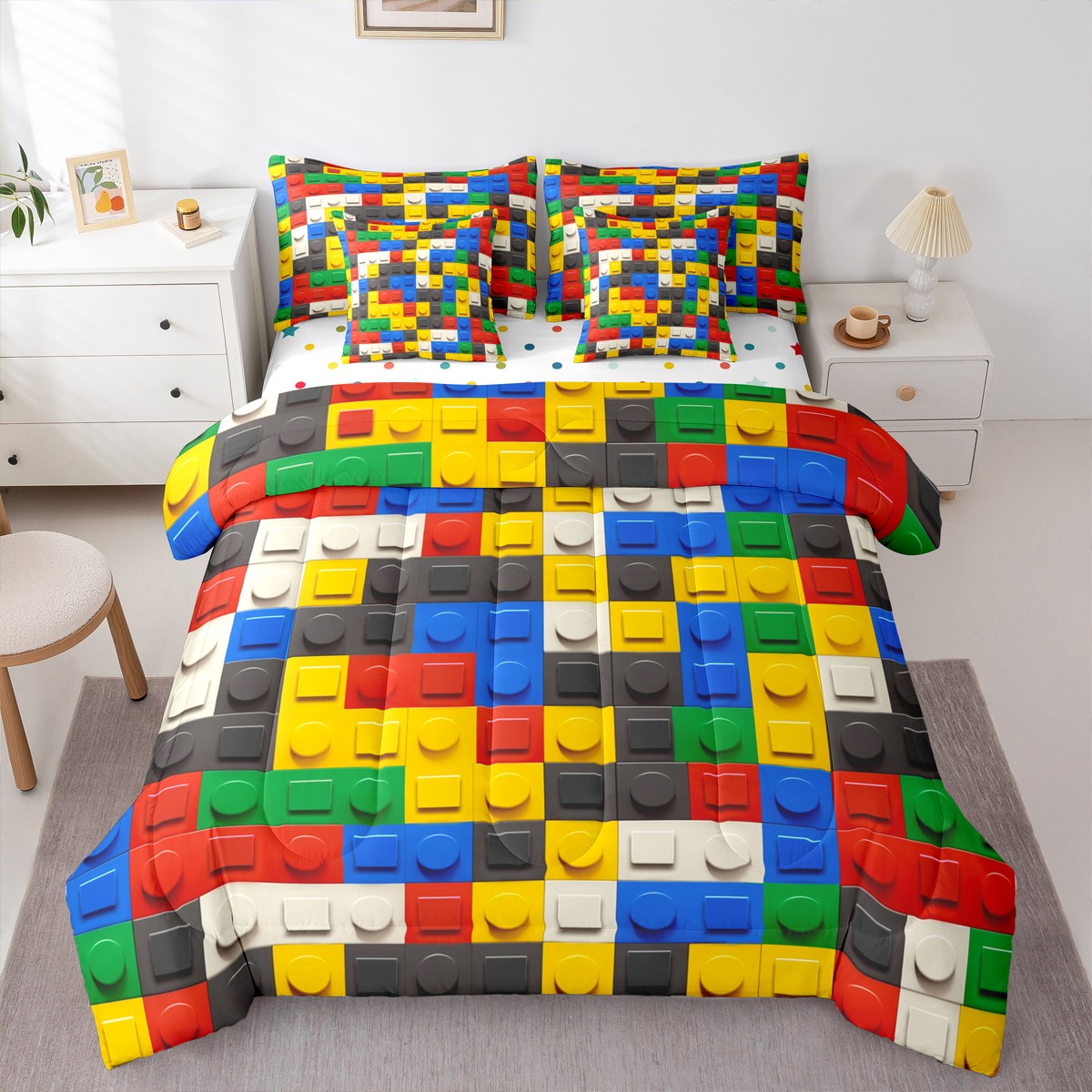Manfei Colorful Brick 7pcs Bedding Comforter Set,Building Blocks Queen ...