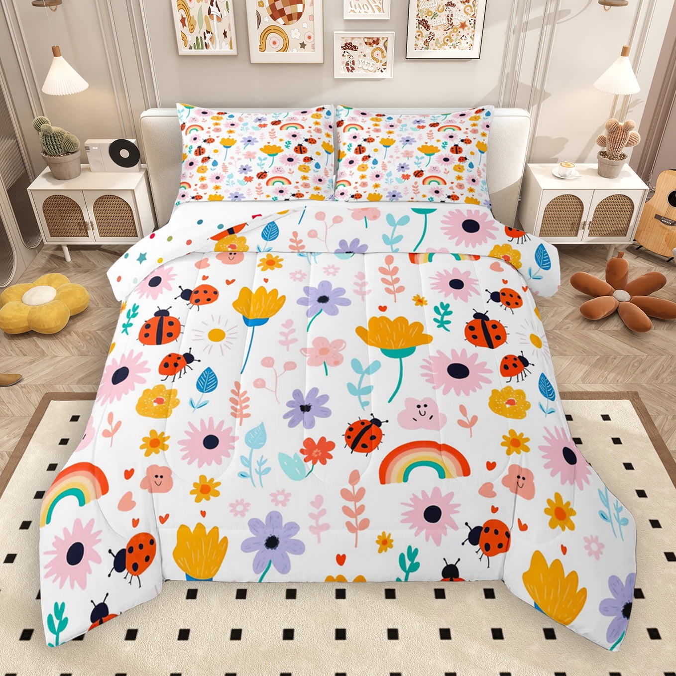 Manfei Colorful Cartoon Flower Bedding Comforter Set,Red Ladybug Twin ...