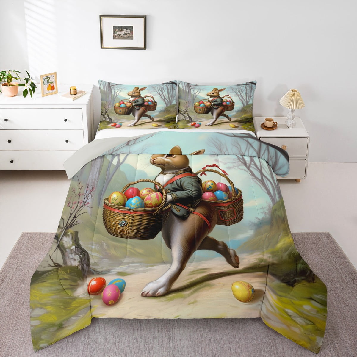 Manfei Colorful Easter Eggs Queen Comforter Set, Vintage Jungle Rabbit Bedding Comforter Set ...