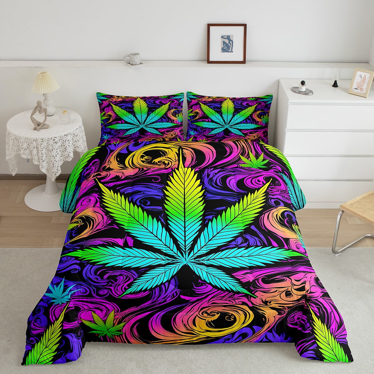 Manfei Colorful Leaves Queen Comforter Set,Retro Boho Leaf Bedding Sets ...