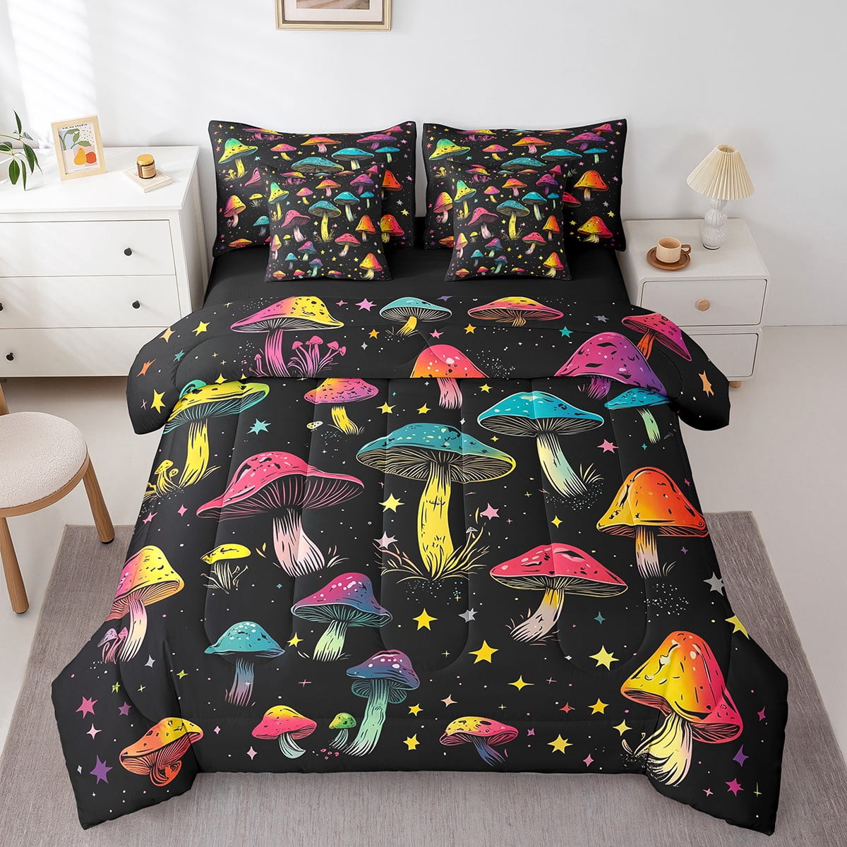 Manfei Colorful Mushroom Bedding Sets Full Size, Hippie Botanical Bed ...