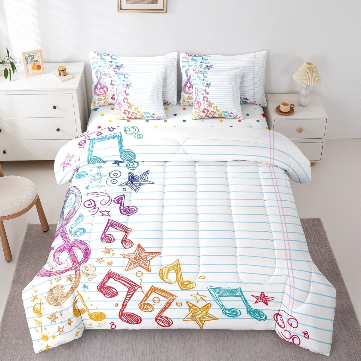 Manfei Colorful Musical Note Bedding Comforter Set 7pcs for Kids, Blue ...